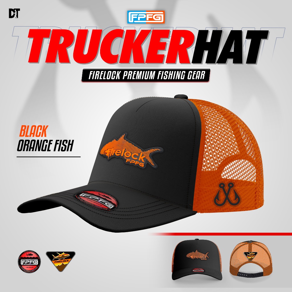 Jual FIRELOCK | Topi Firelock Premium Fishing Gear FPFG Black Orange Fish | Trucker Hat All Size ...