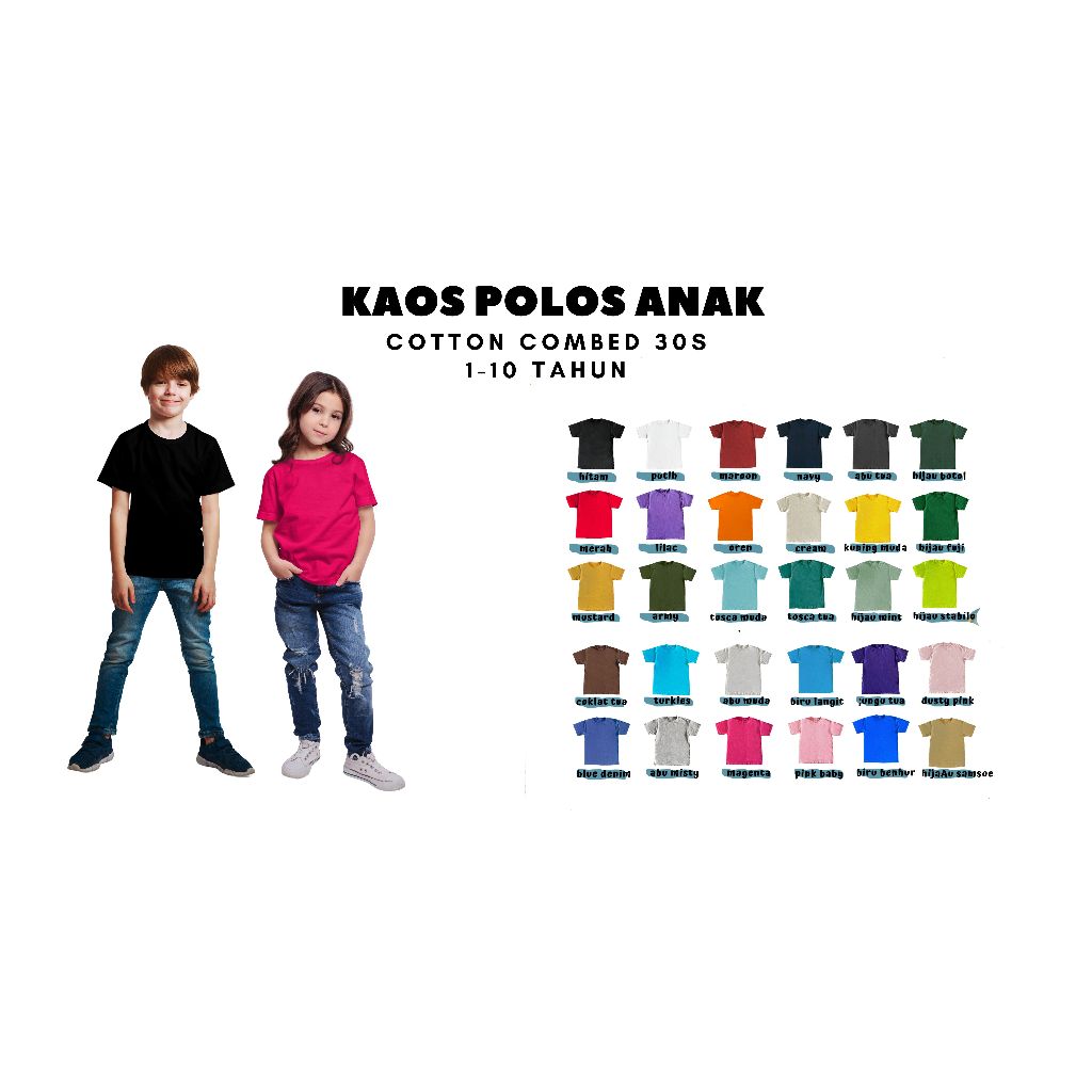 Jual KAOS POLOS ANAK 1-10 TAHUN COTTON COMBED 30S 1 | Shopee Indonesia