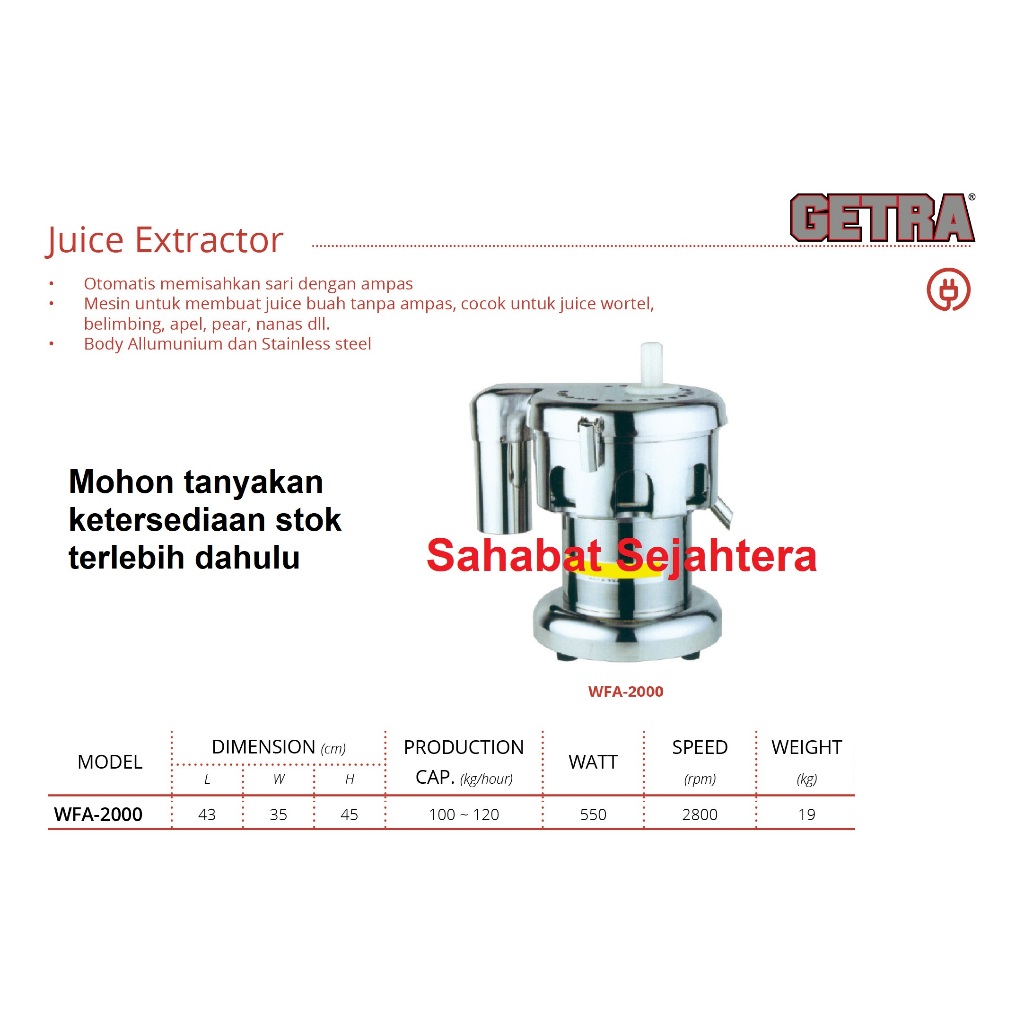Jual GETRA Juice Extractor WFA-2000 Mesin Pemisah Sari Dengan Ampas ...