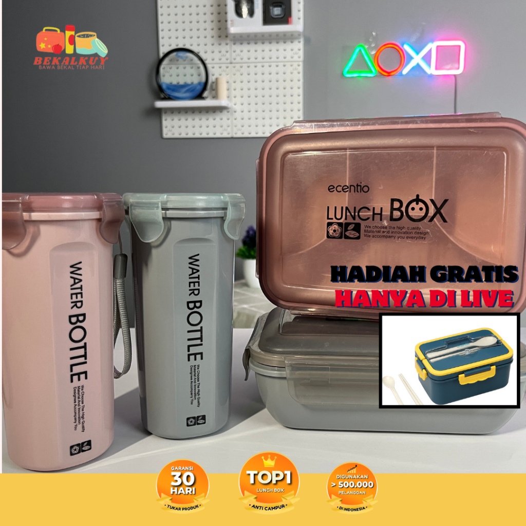 Jual [LIVE] Kotak Makan Lunch Box 1000 ml dan Botol Minum Tumblr 500 ml Anti Tumpah Anti Campur ...