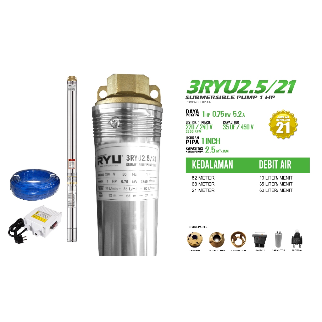 Jual POMPA SATELIT/SUBMERSIBLE PUMP ASSY 3RYU2.5 - RYU - 1HP | Shopee Indonesia