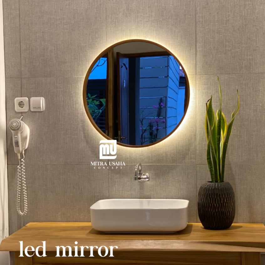 Jual CERMIN LED, Cermin bulat 60 cm, Pigura jati, Cermin wastafel ...