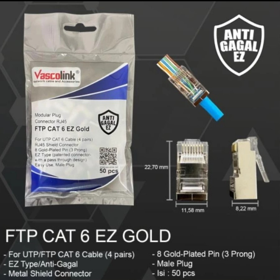 Jual RJ45 FTP ANTI GAGAL Cat 6 Vascolink Gold EZ Metal Tembus STP Cat6 | Shopee Indonesia