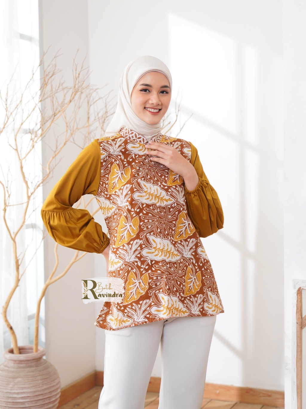 Jual Blouse Batik Cap Daun Kuning Kombinasi Toyobo | Shopee Indonesia