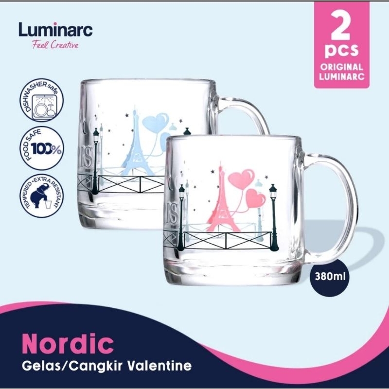 Jual Luminarc set isi 2pcs Mug Cangkir kaca Nordic Mug Valentine 380ml ...