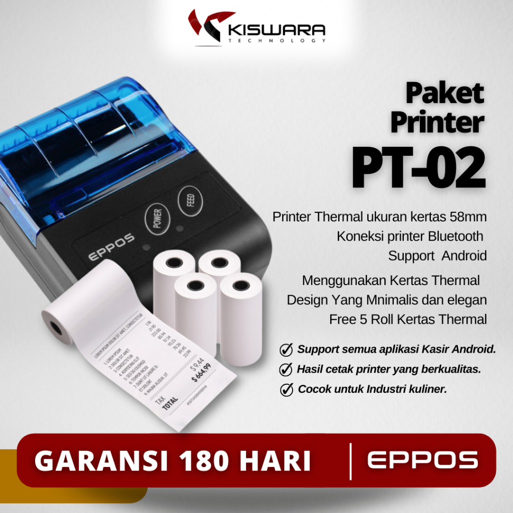 Jual Paket Printer Bluetooth Mini EPPOS PT-02 Free 5 Roll Kertas Thermal Murah | Shopee Indonesia