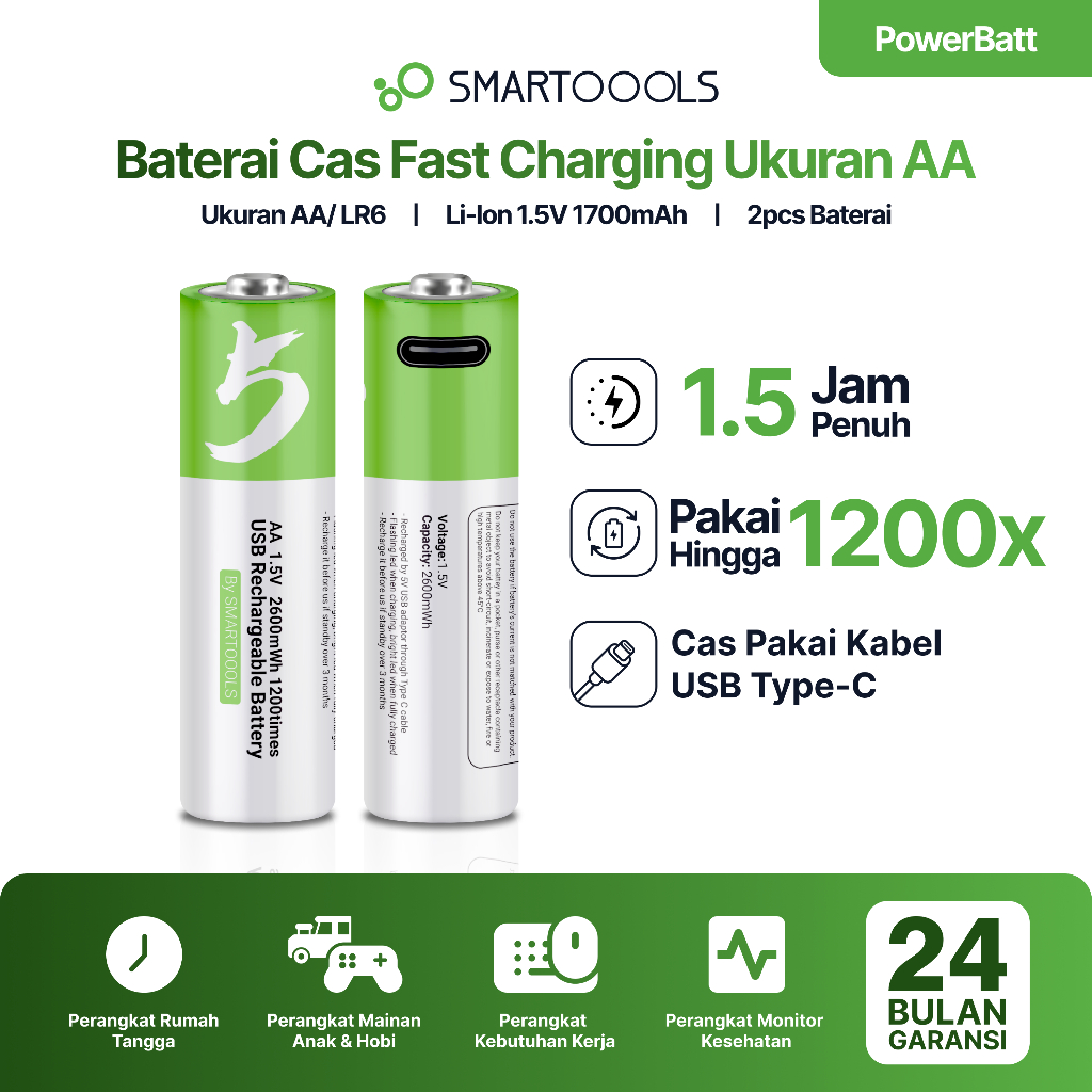 Jual Baterai Cas Isi Ulang 2pcs Smartoools AA 1.5V Type-C USB ...