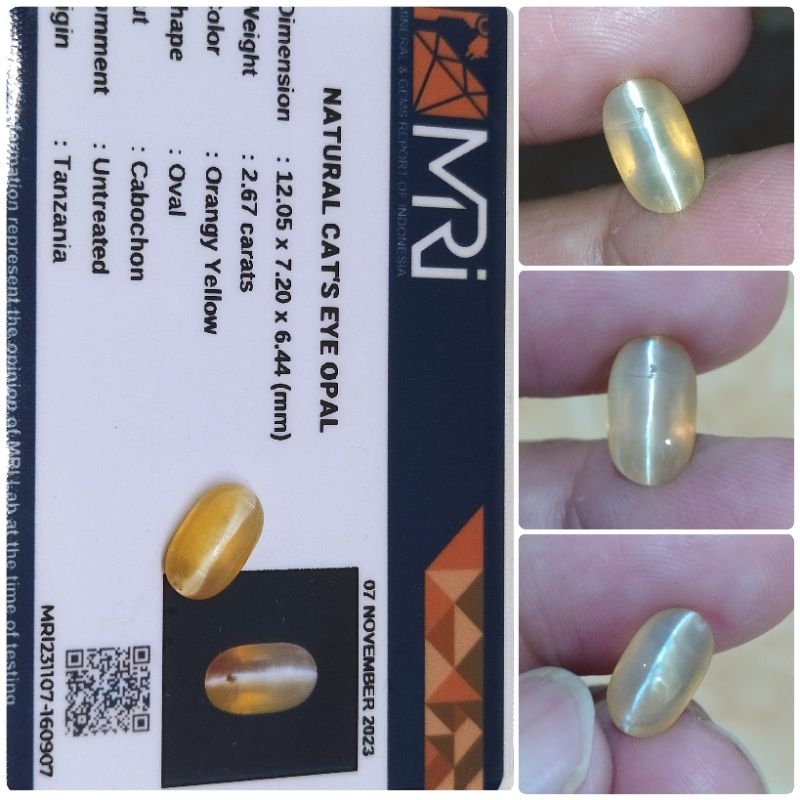 Jual Natural Yellow cat eye Opal Tanzania 2,6ct top laser memo MRI ...