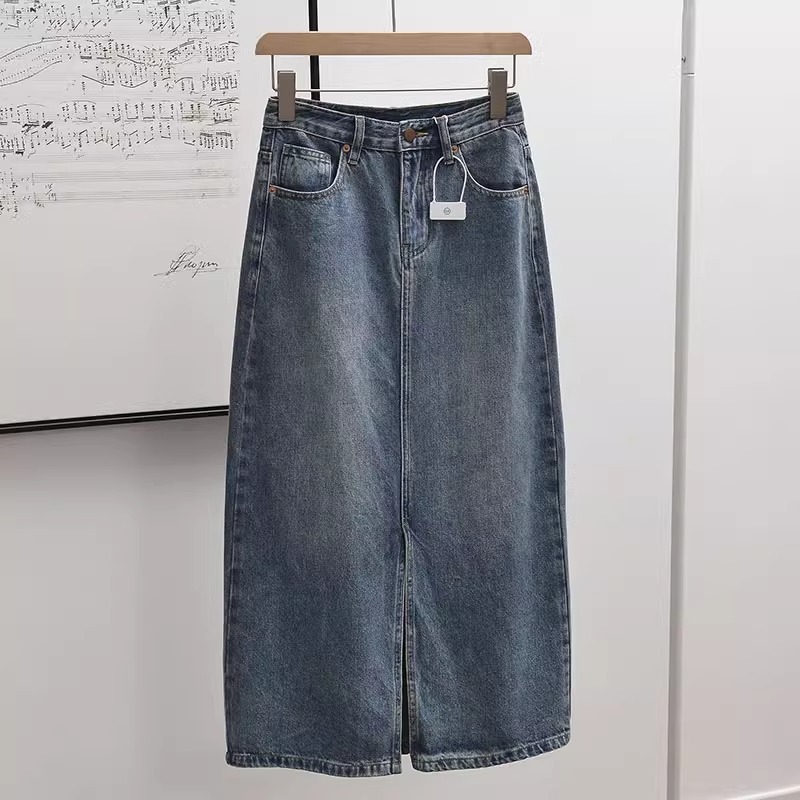 Jual Rok Jeans A Line Pinggang Tinggi Biru retro Wanita Belahan Depan ...