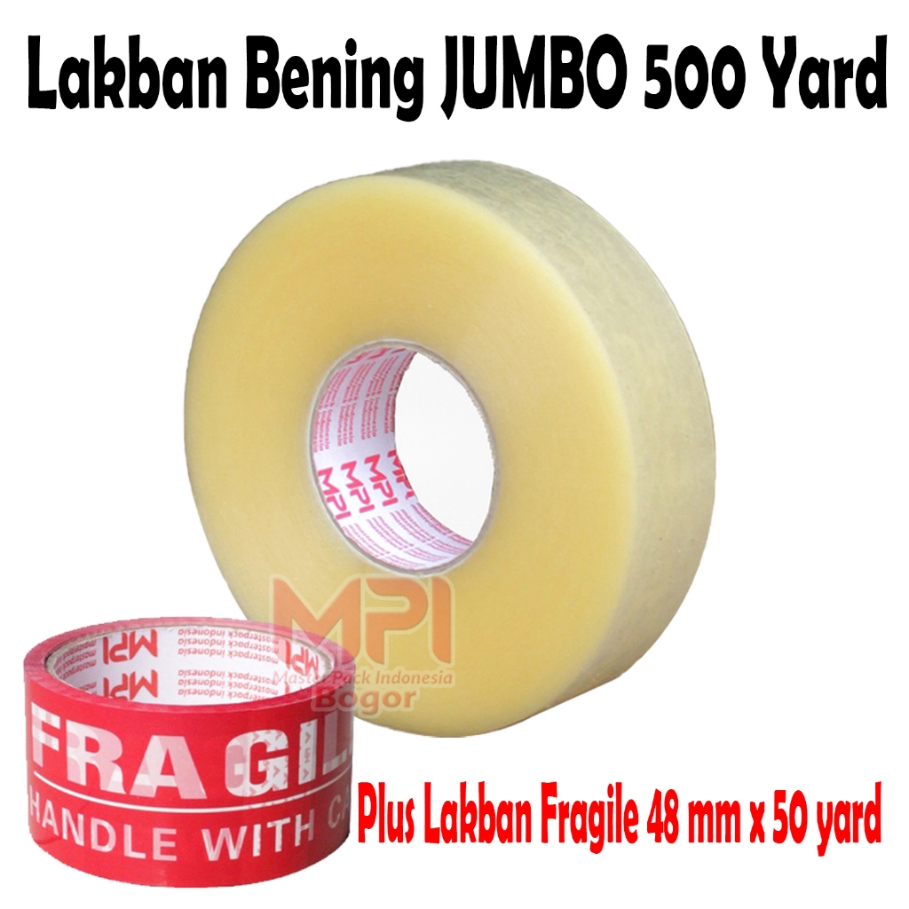Jual Lakban Bening JUMBO MPI 500 yard + Lakban Fragile Merah 50 Yard ...