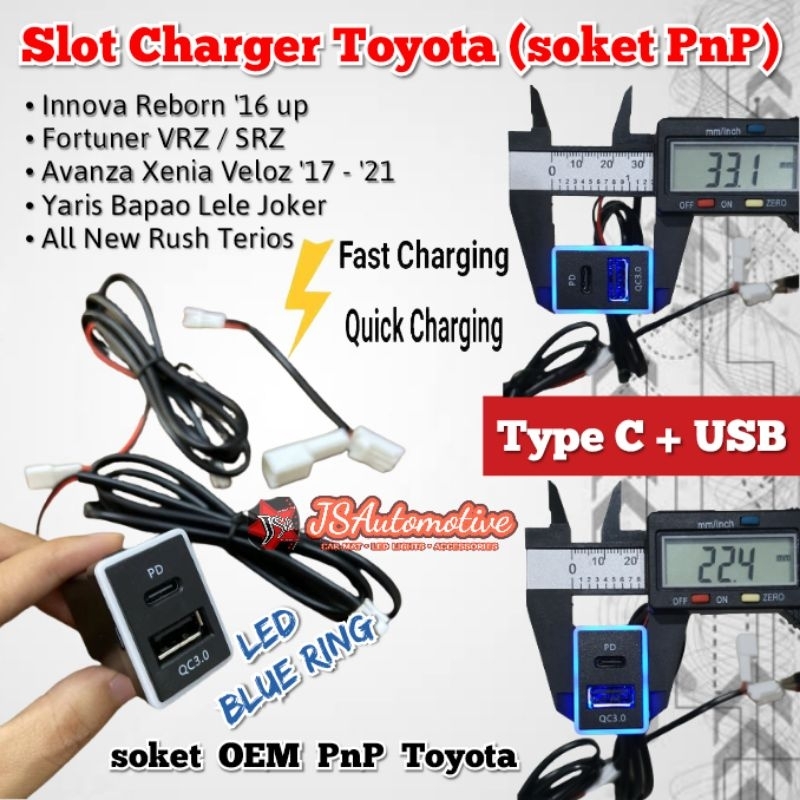 Jual Slot Charger Mobil soket OEM PnP Toyota Type-C + USB Fast Charging ...