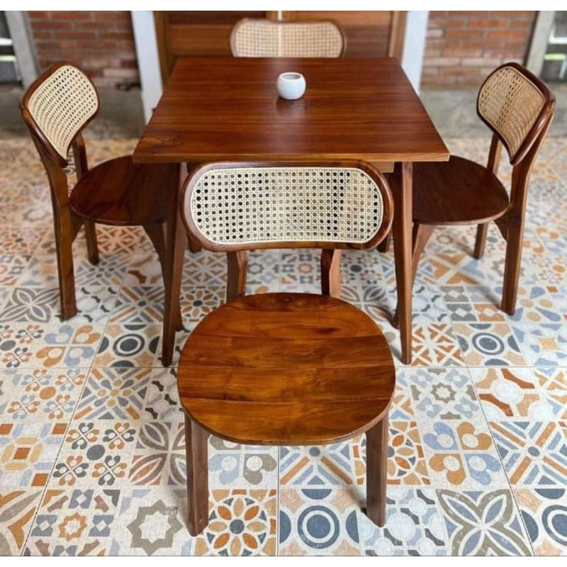 Jual Set Meja Makan Ropan Retro Jati - Kursi Makan Cafe Rotan - Meja Cafe Resto | Shopee Indonesia