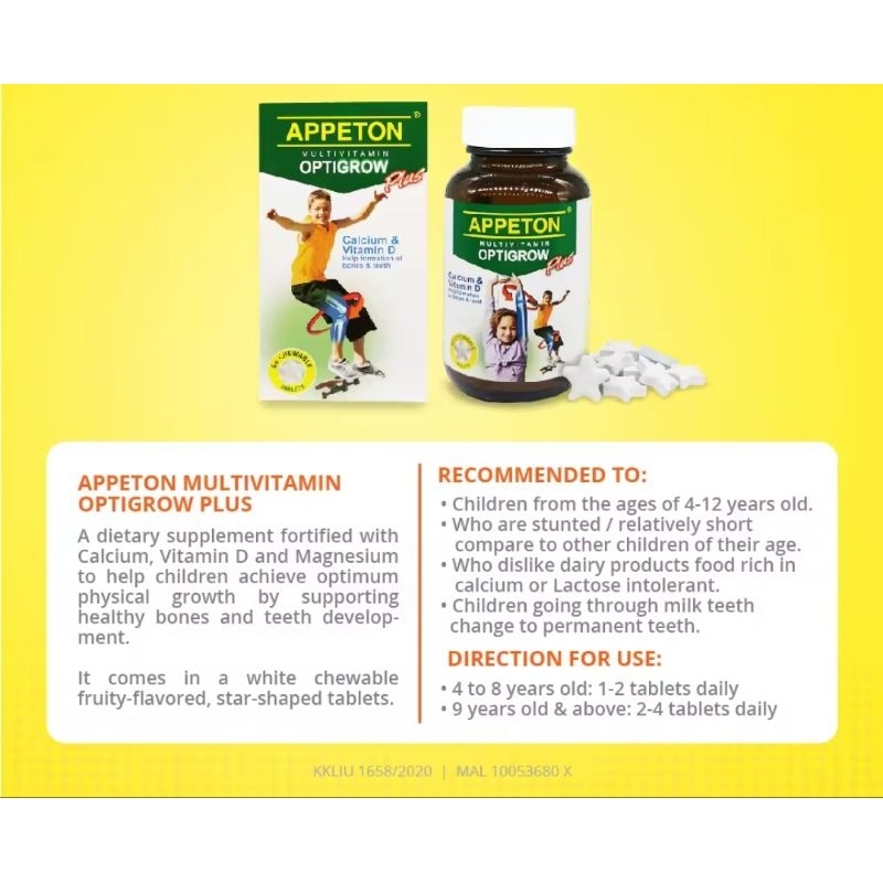 Jual APPETON OPTIGROW - VITAMIN D + CALCIUM ANAK" - MALAYSIA | Shopee ...