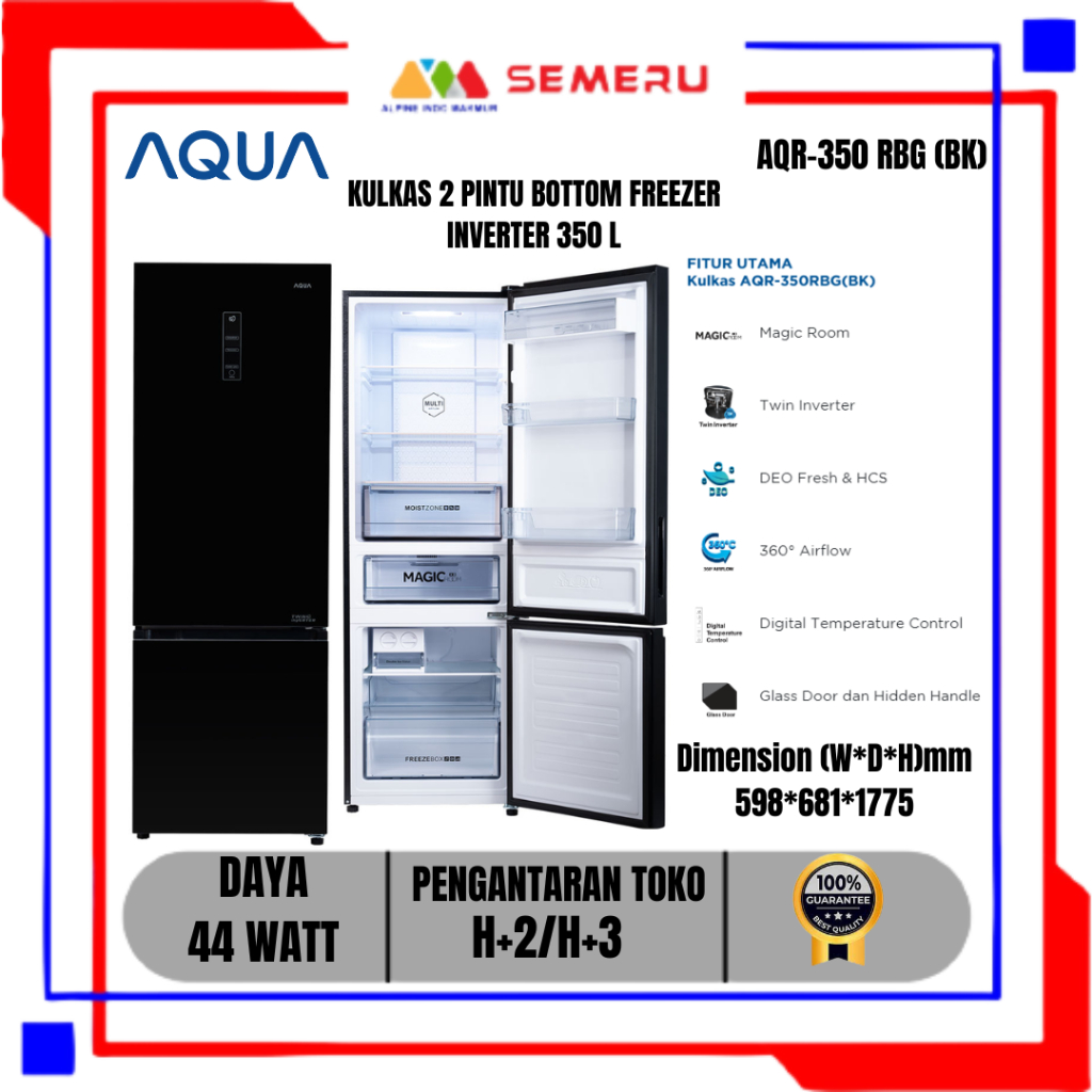Jual AQUA KULKAS 2 PINTU BOTTOM FREEZER INVERTER 350 L AQR-350 RBG (BK ...