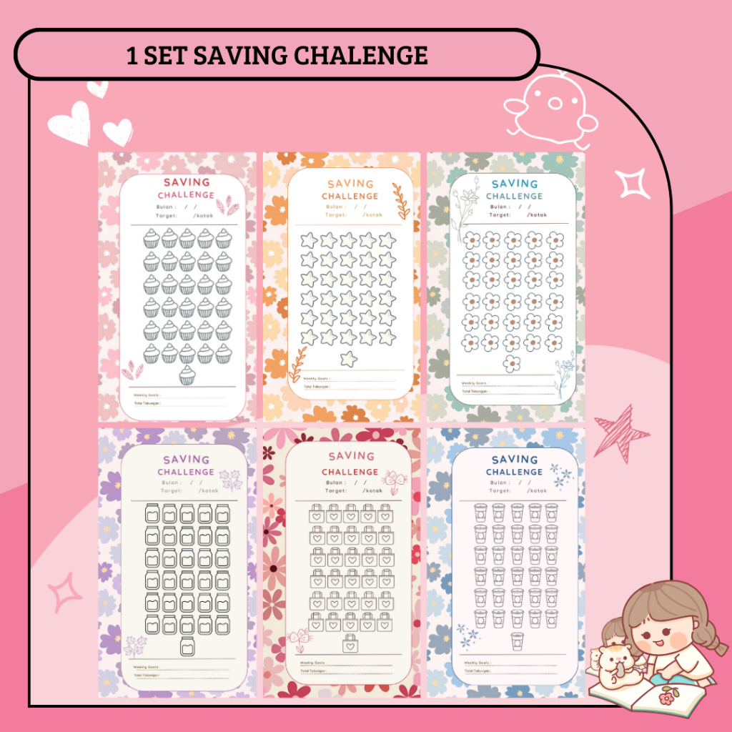 Jual (1SET) SAVING CHALLENGE MENABUNG ASYIK UKURAN BINDER A6 KARAKTER FLOWER KERTAS BINDER ...