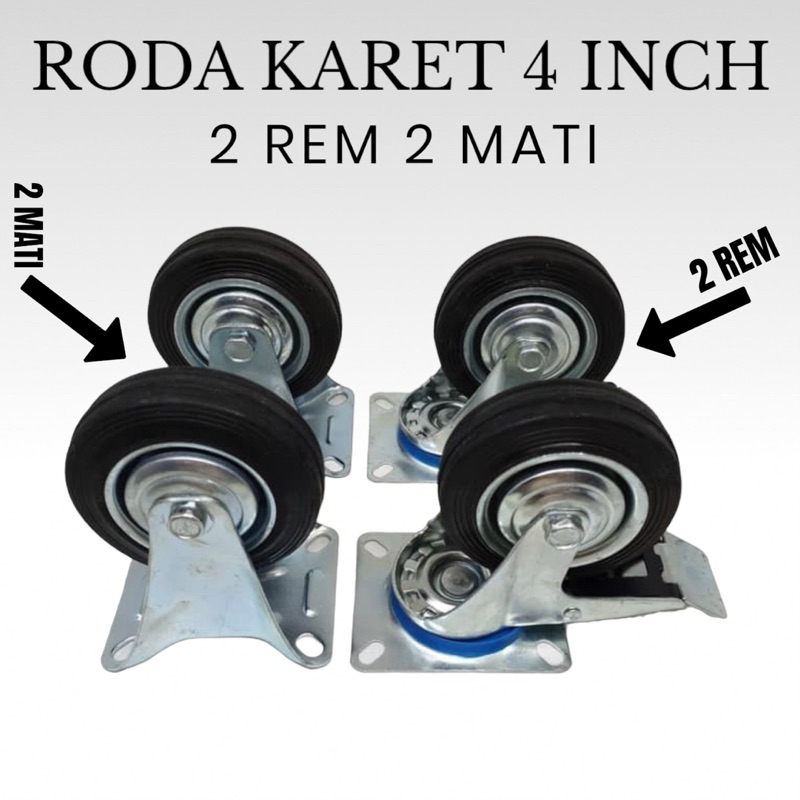 Jual Roda troli karet 4 inch 2 Rem 2 mati Roda trolly Roda gerobak 2 ...