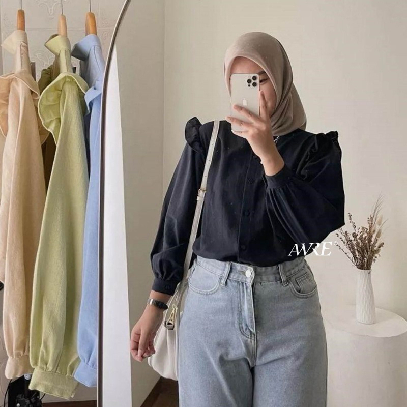 Jual Yurim Blouse Ruffle Atasan Wanita - Kemeja Linen Basic Lengan ...