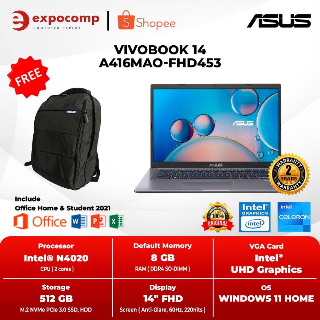 Jual ASUS VIVOBOOK 14 A416MAO-FHD453 GREY CELERON N4020 8GB 512GB W11 ...
