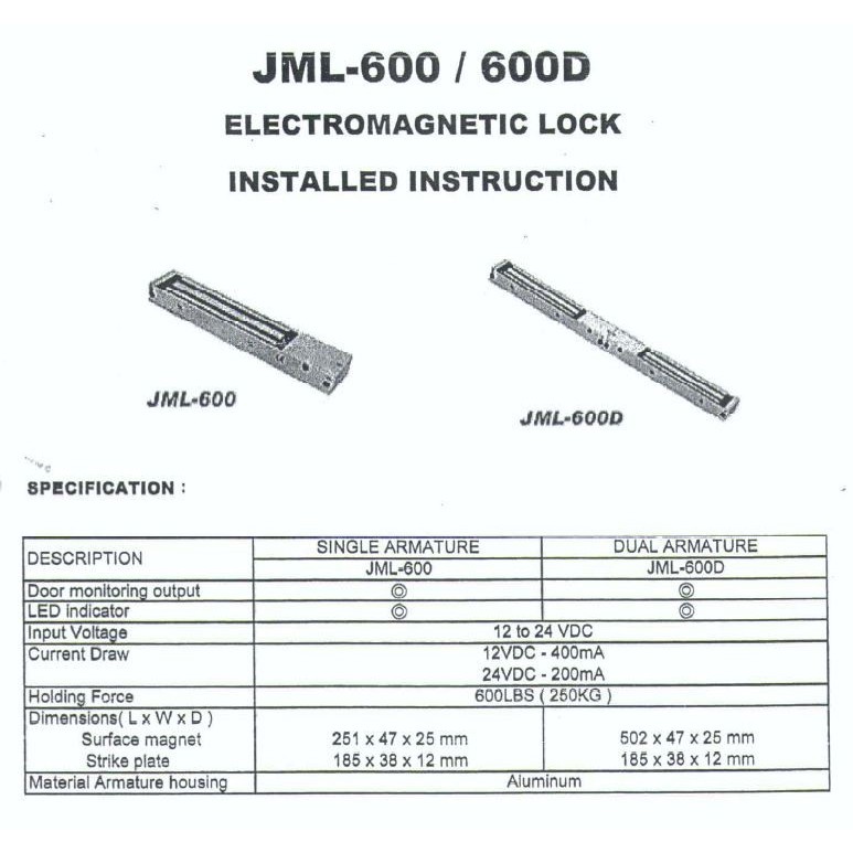 Jual Electromagnetic Lock JML-600 Jantek Access Door Control System ...