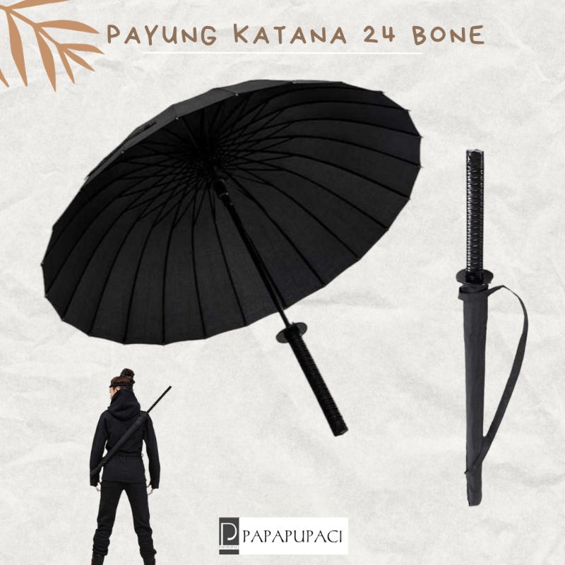 Jual Payung Hitam Besar Polos Kuat Semi Otomatis 24 Bone Model Katana ...