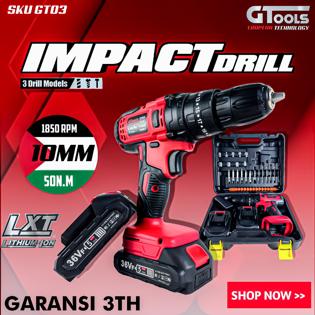 Jual GT03 GTools Mesin Bor Cordless Garansi Resmi 3 TAHUN 36VF 10MM Fullset Eropa | Shopee Indonesia