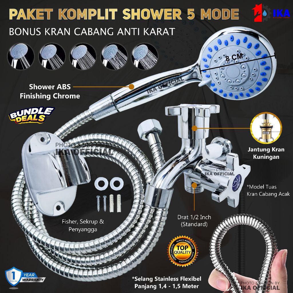 Jual Paket Shower Kamar Mandi dan Kran Shower Cabang - 1/2 Inch Stainless 5 Mode Fungsi / Paket ...