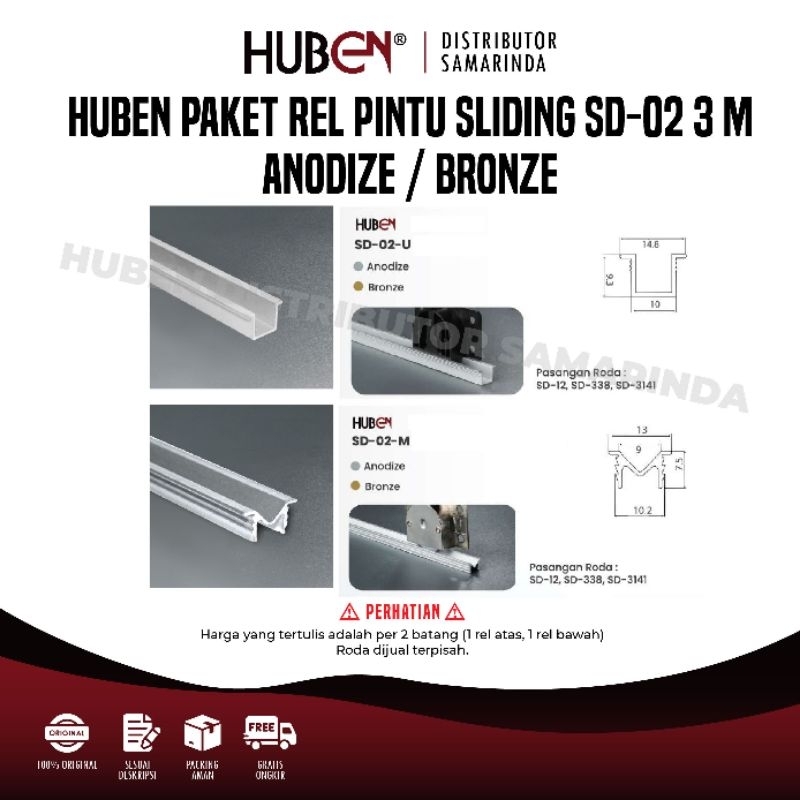 Jual (ISI 2) Paket HUBEN Rel Pintu Sliding SD-02-U SD-02-M Rel Atas Rel Bawah 3 Meter Warna ...