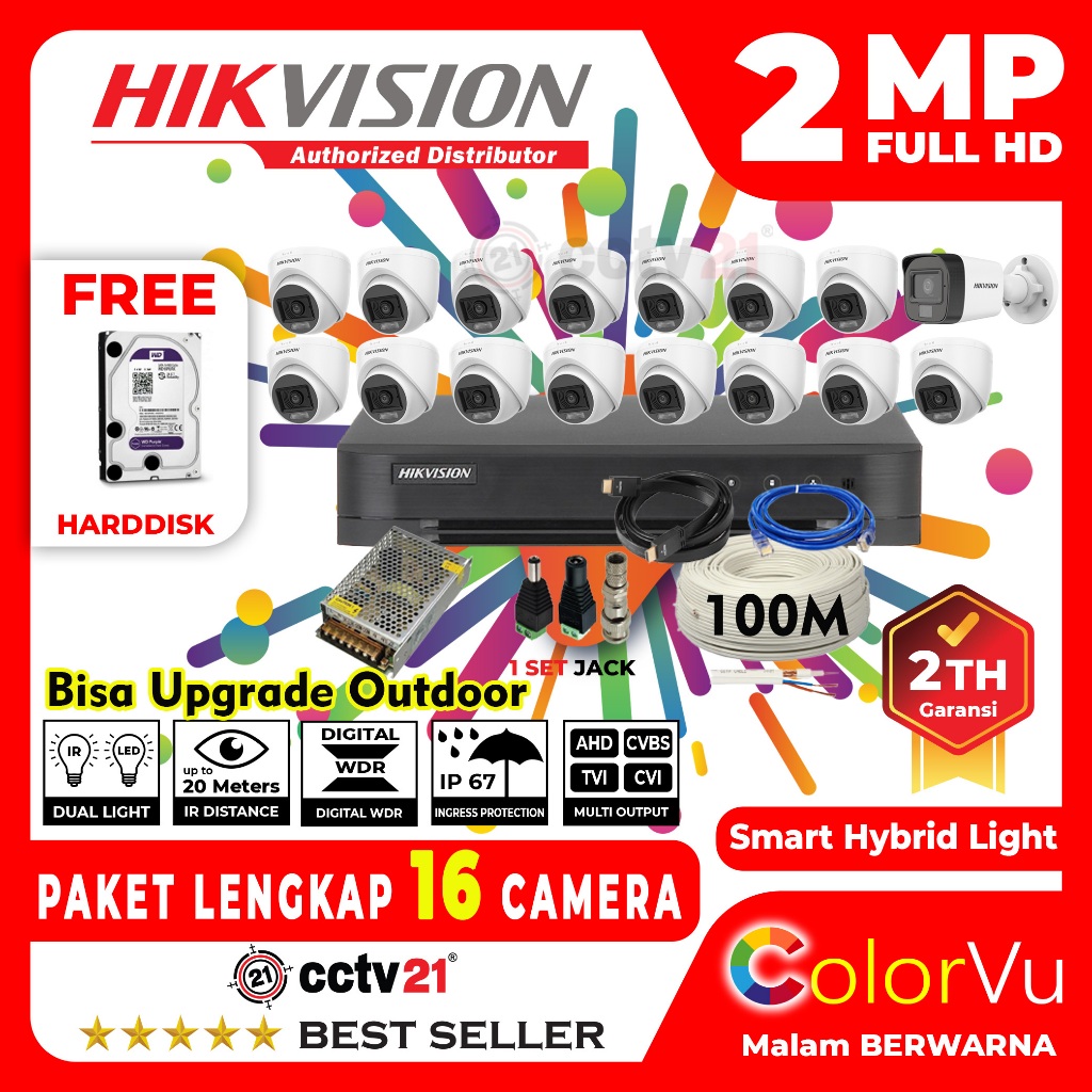 Jual Paket 16 Camera CCTV HIKVISION Colorvu Audio 2MP Kabel 100M Harga Khusus Installer cctv21 ...