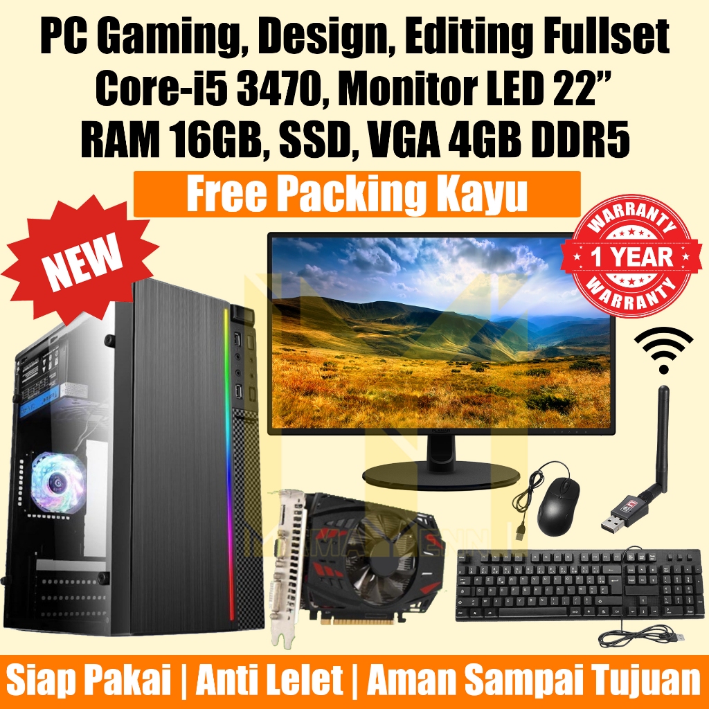 Jual PC Rakitan Gaming Core i5 + Monitor 22" RAM 16GB VGA 4GB DDR5 / Desain / Design / Editing ...