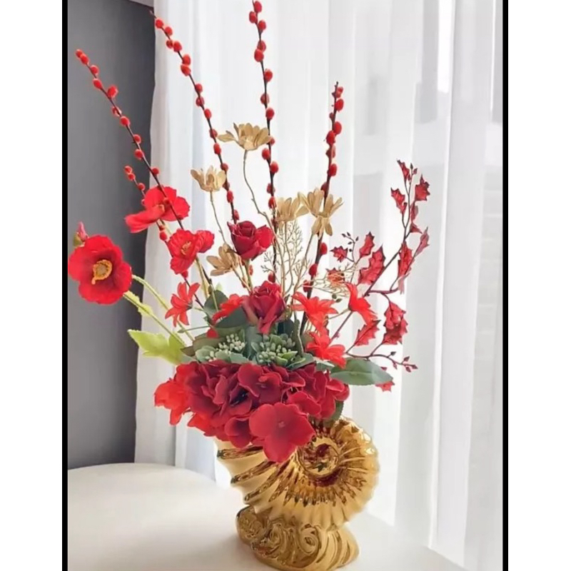 Jual Full Set Vas Bali / Trumpet & Rangkaian Bunga Merah Gold | Shopee ...