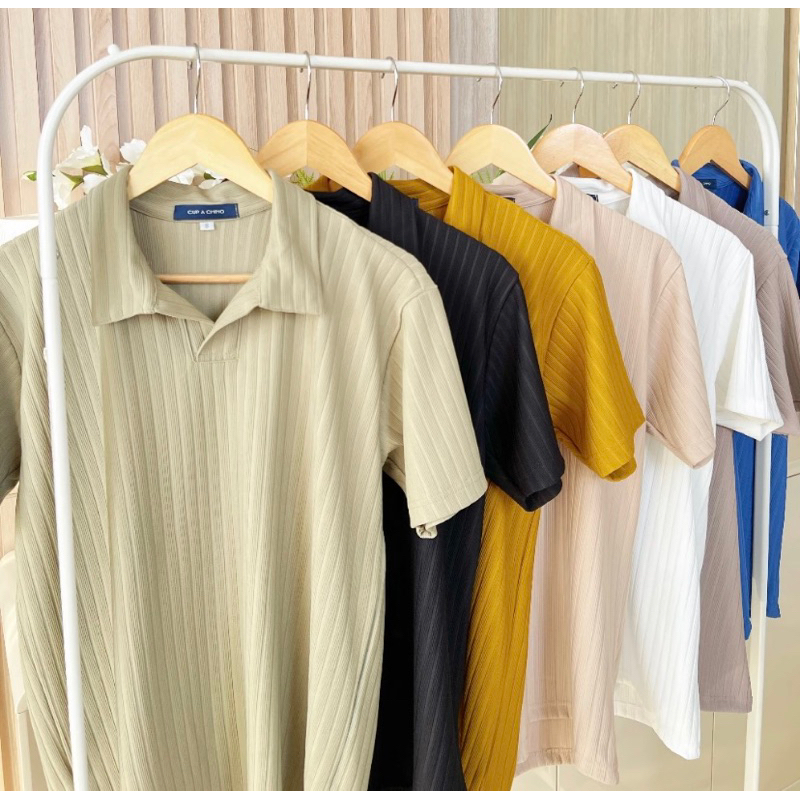Jual Korean Knit Baju Polo Shirt Pria Salur Besar Dengan Cutting Slim Fit | Shopee Indonesia