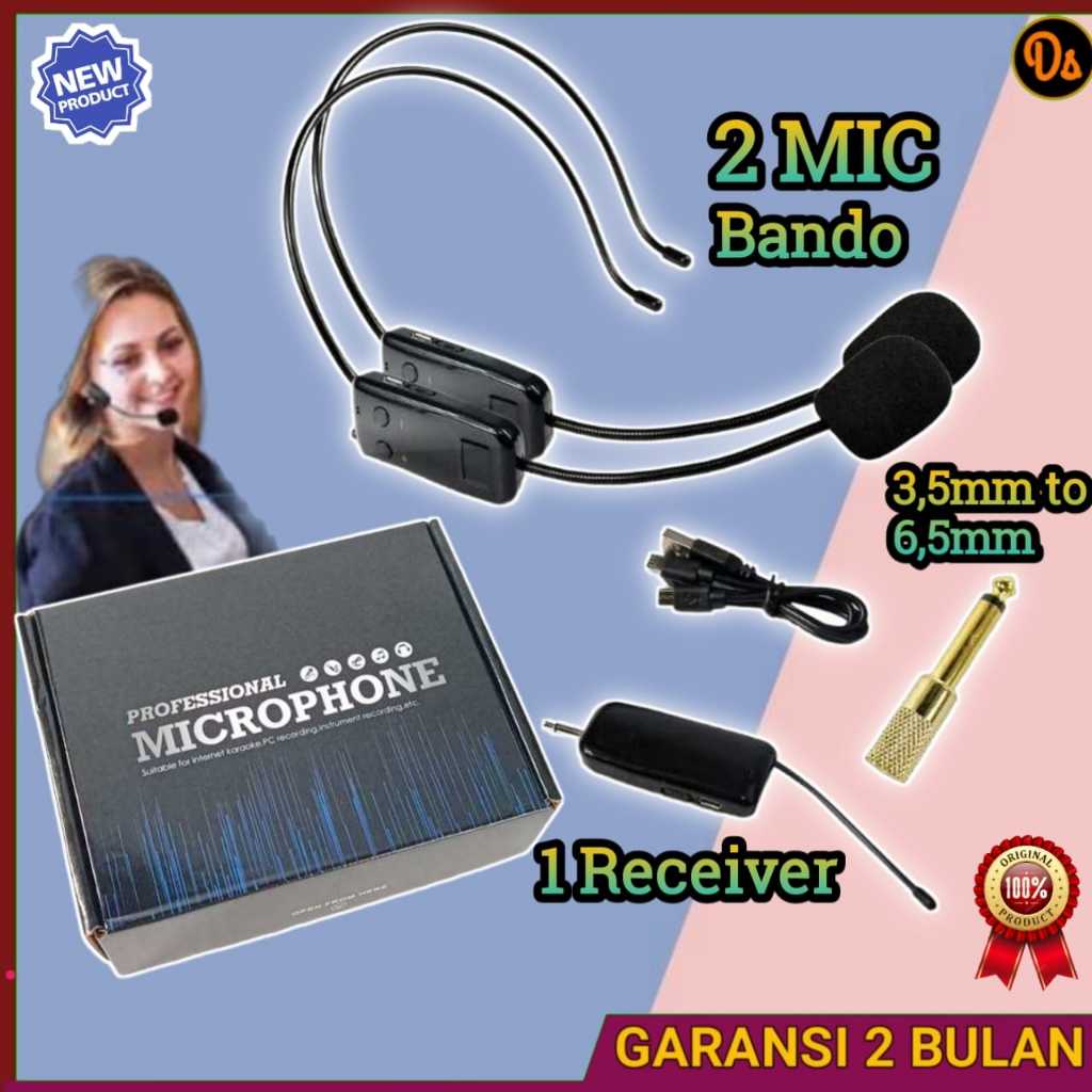 Jual ORIGINAL Mic Wireless Microphone 2.4G Headset Bando 2 PCS with Receiver - E65 Mic Senam ...