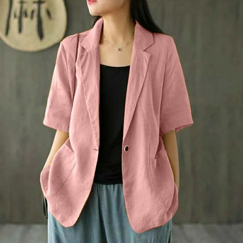 Jual Blazer Lengan Pendek Jumbo Wanita Linen Ld 100cm sampai 140cm ...