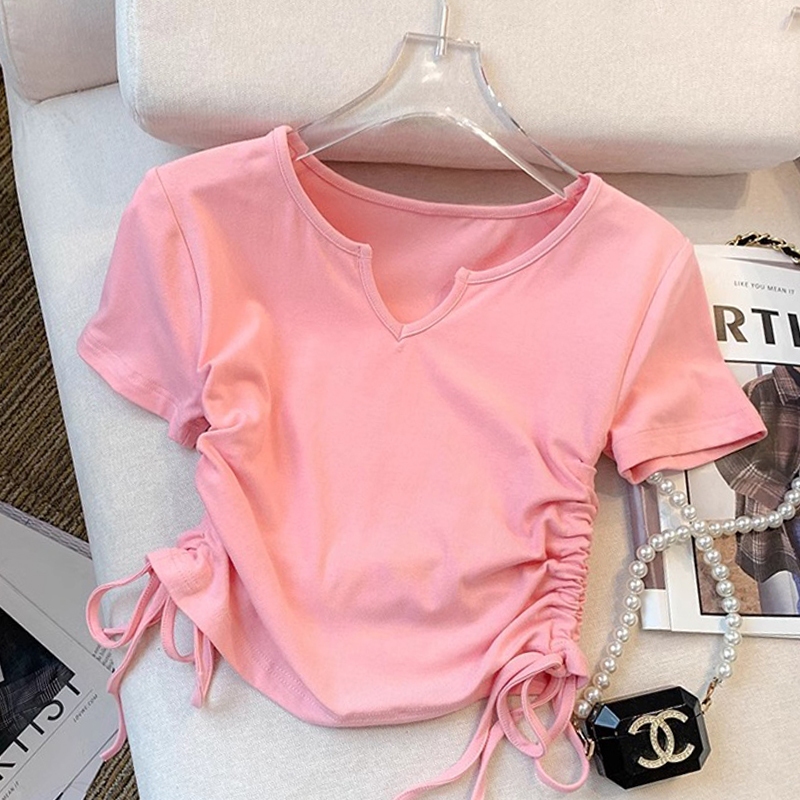 Jual kaos polos wanita crop / T-shirt crop serut kerah V / baju kaos ...