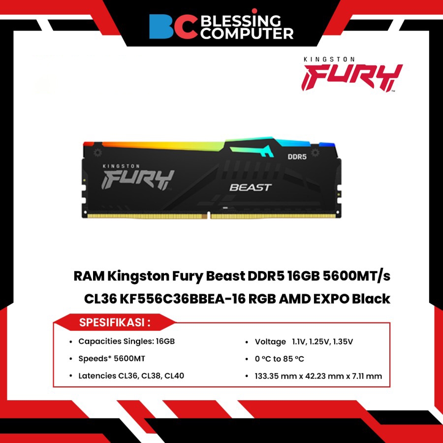 Jual RAM Kingston Fury Beast 16GB DDR5 5600MT/s CL36 KF556C36BBEA-16 RGB | Shopee Indonesia