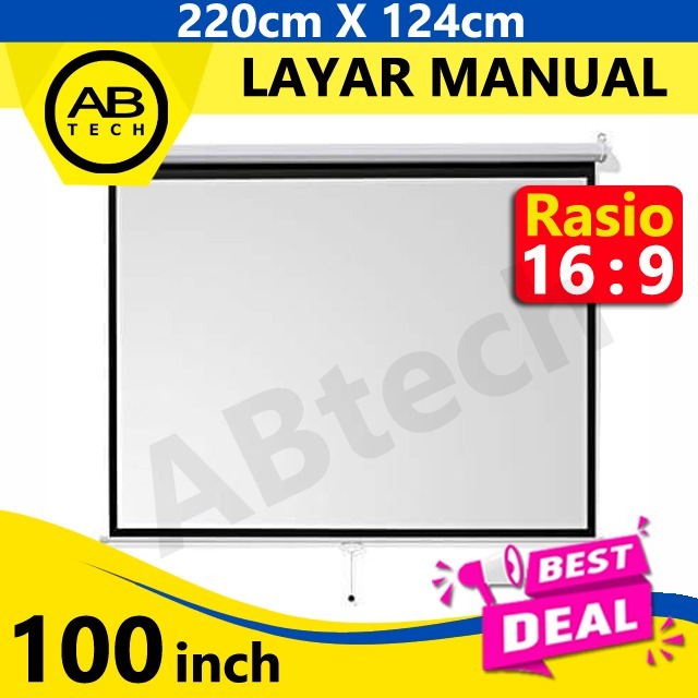 Jual Layar Proyektor Gantung Manual 100 inch Rasio 16:9 Widescreen ...