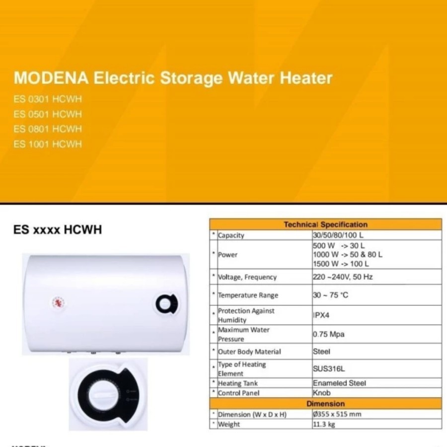 Jual Modena Electric Water Heater Es 100 Liter Horisontal | Shopee ...