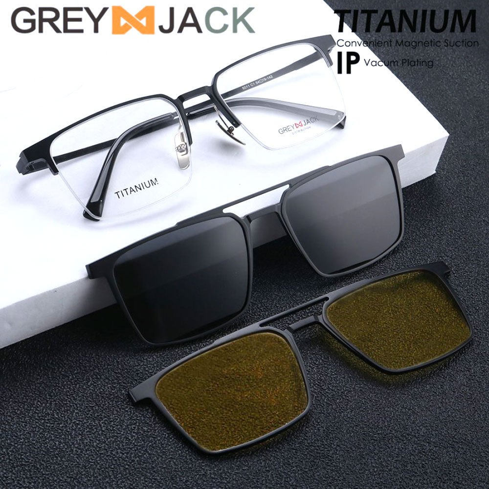 Jual Grey Jack Frame Kacamata Titanium Clip On 3in1 Lens Polarized Night Drive Model Kotak ...