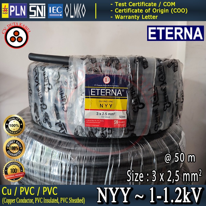 Jual Kabel NYY 3x2,5 mm2 ETERNA /3 x 2,5 mm2/3x2.5mm2/3x2.5 mm2 (isi 50 m) | Shopee Indonesia