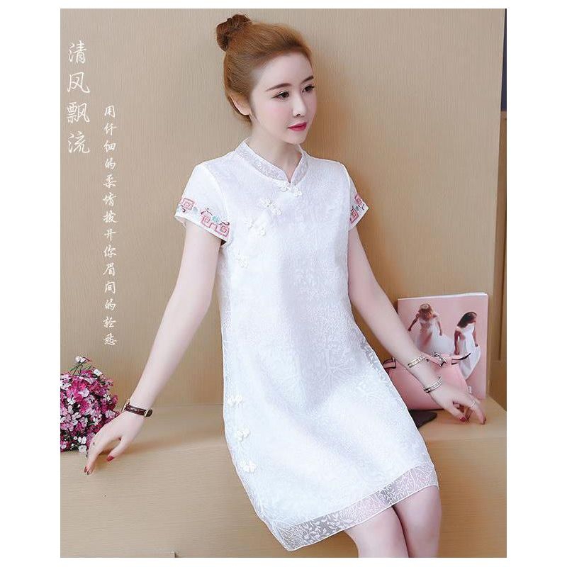 Jual Cheongsam dress wanita putih model cantik Korea lengan pendek ...