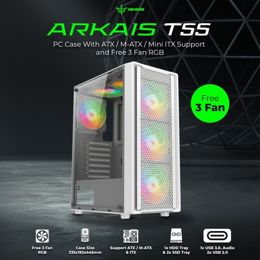 Jual CASING GAMING NYK NEMESIS ARKAIS T55 WHITE ATX + 3 FAN RGB ...