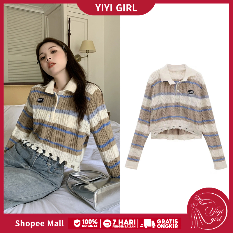 Jual YIYI GIRL Baju Sweater Rajut Wanita Korean Style Lengan Panjang Stripe Crop Top | Shopee ...