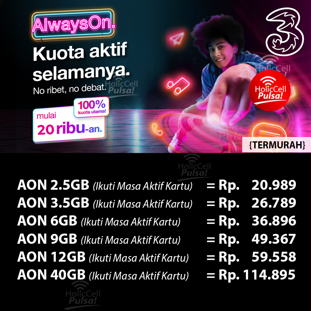 Jual PAKET DATA TRI THREE ALWAYS ON AON 2.5GB 3.5GB 6GB 9GB 12GB 40GB I ...