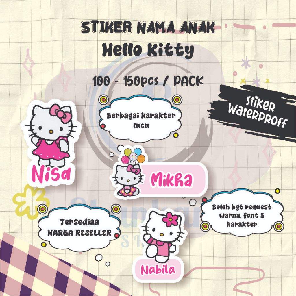 Jual ( 100-150pcs) Stiker Nama TEMA HELLO KITTY / Stiker Tumbler ...