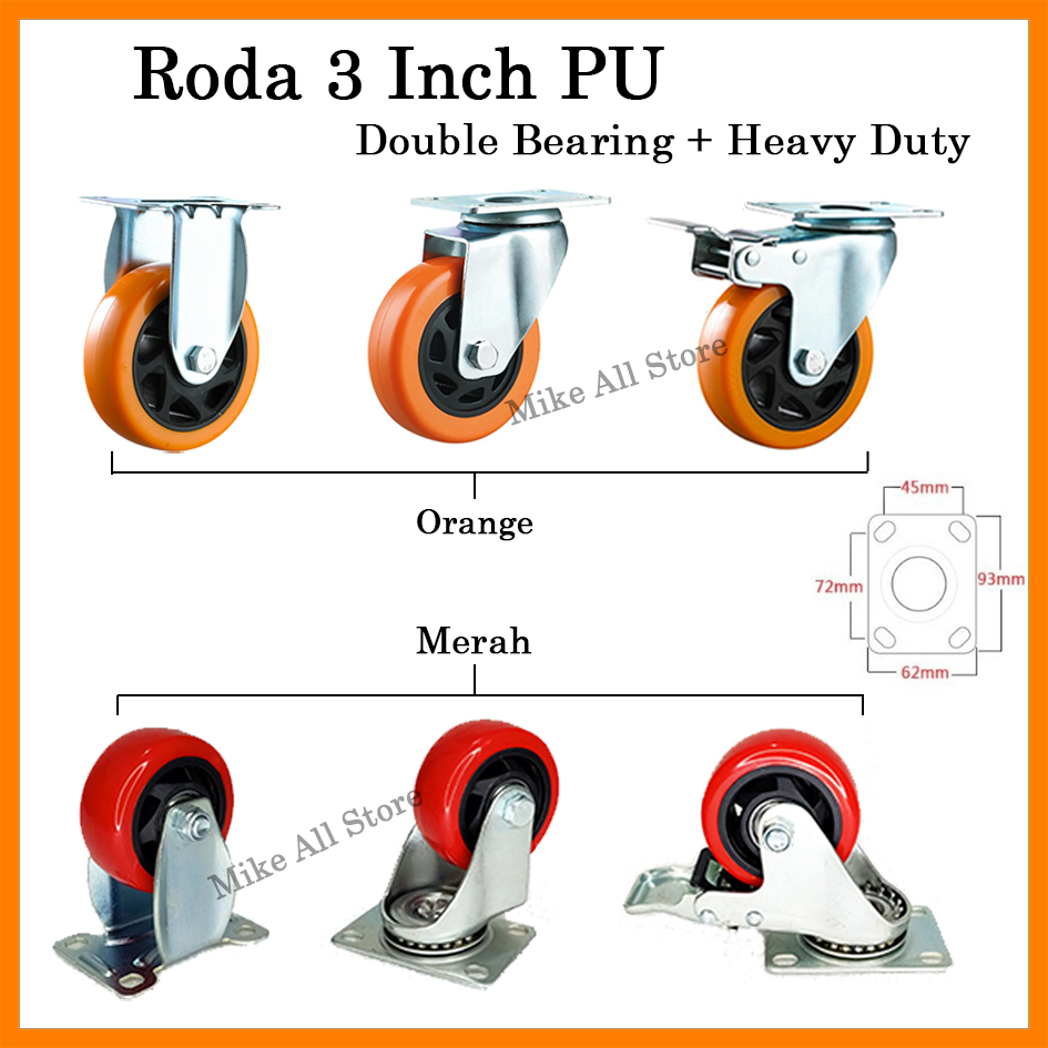 Jual Roda PU 3 inchi+Double Bearing Taiwan Rigid/Hidup/Rem/ Roda ...