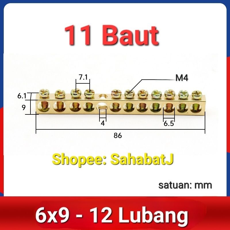Jual Terminal Kabel Blok Netral Block 11 Pole M4 6x9 mm Kuningan Busbar ...