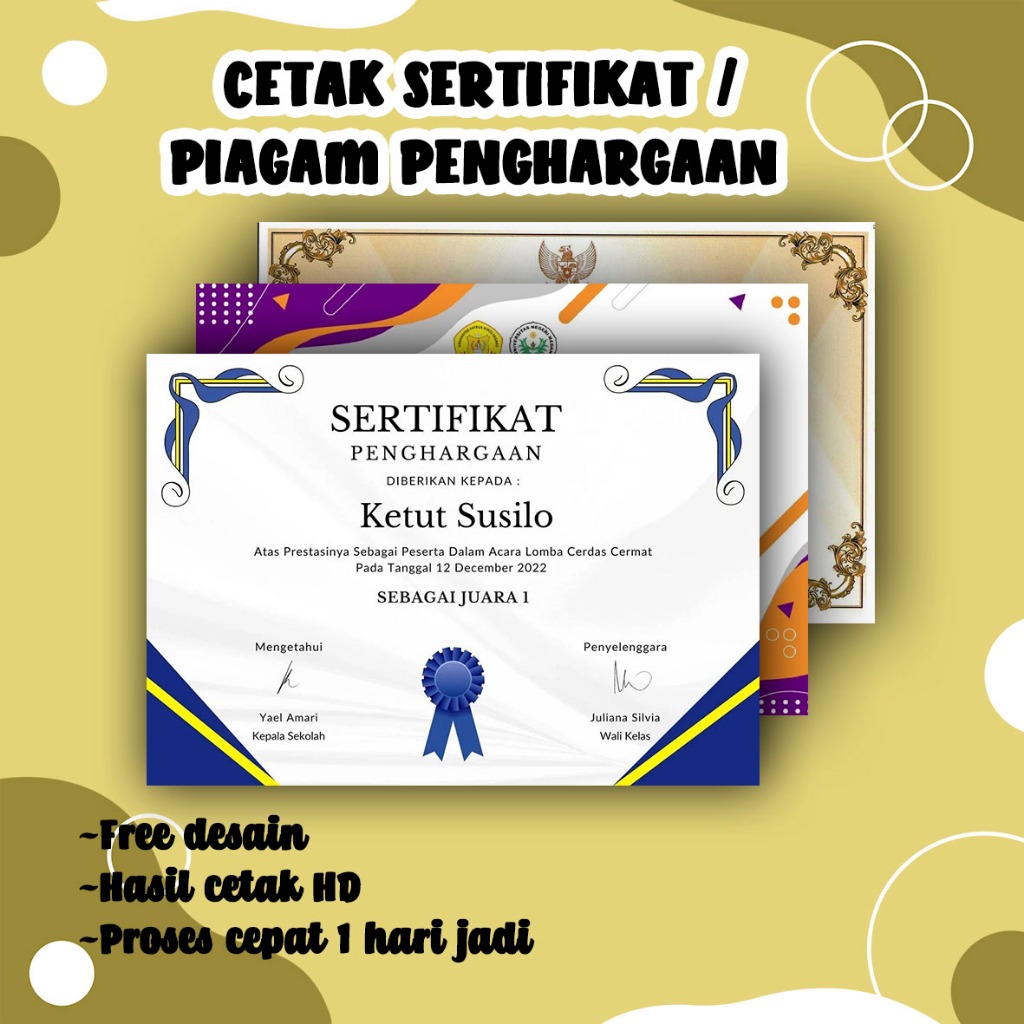 Jual Cetak Sertifikat / piagam penghargaan tanpa minimal order | Shopee ...