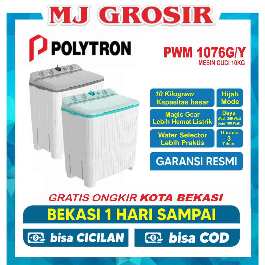 Jual MESIN CUCI POLYTRON PWM 1076 B / PWM 1081 Y 10KG 2 TABUNG | Shopee ...