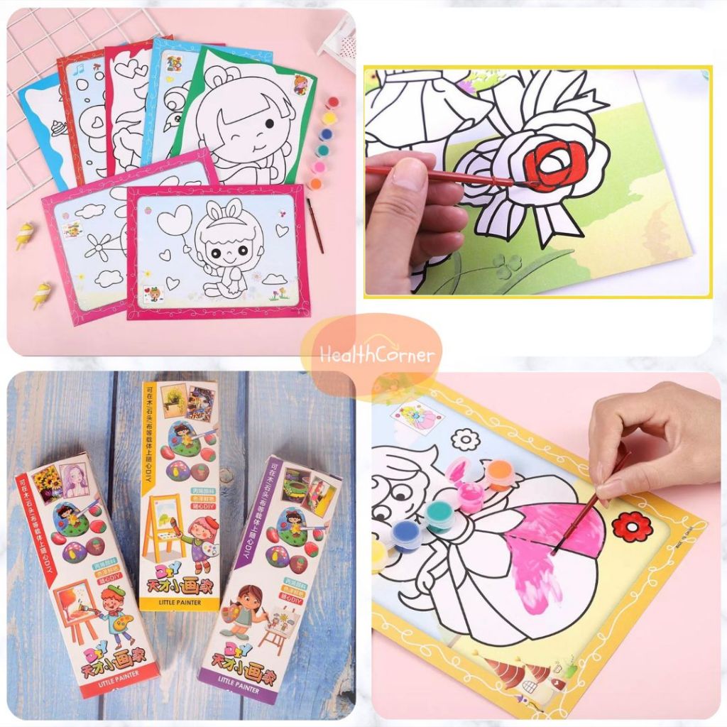 Jual Kertas Mewarnai / Mainan Mewarnai Set 3 Lembar + Cat Air + Kuas ...