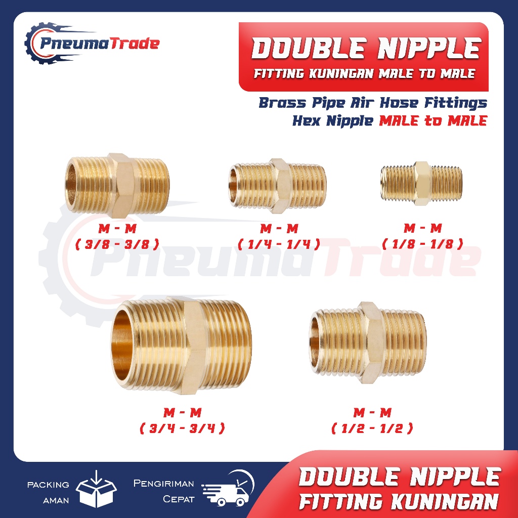 Jual Double Nepel Kuningan Drat Luar 1/8" 1/4" 3/8" 1/2" 3/4" MALE TO MALE | Shopee Indonesia